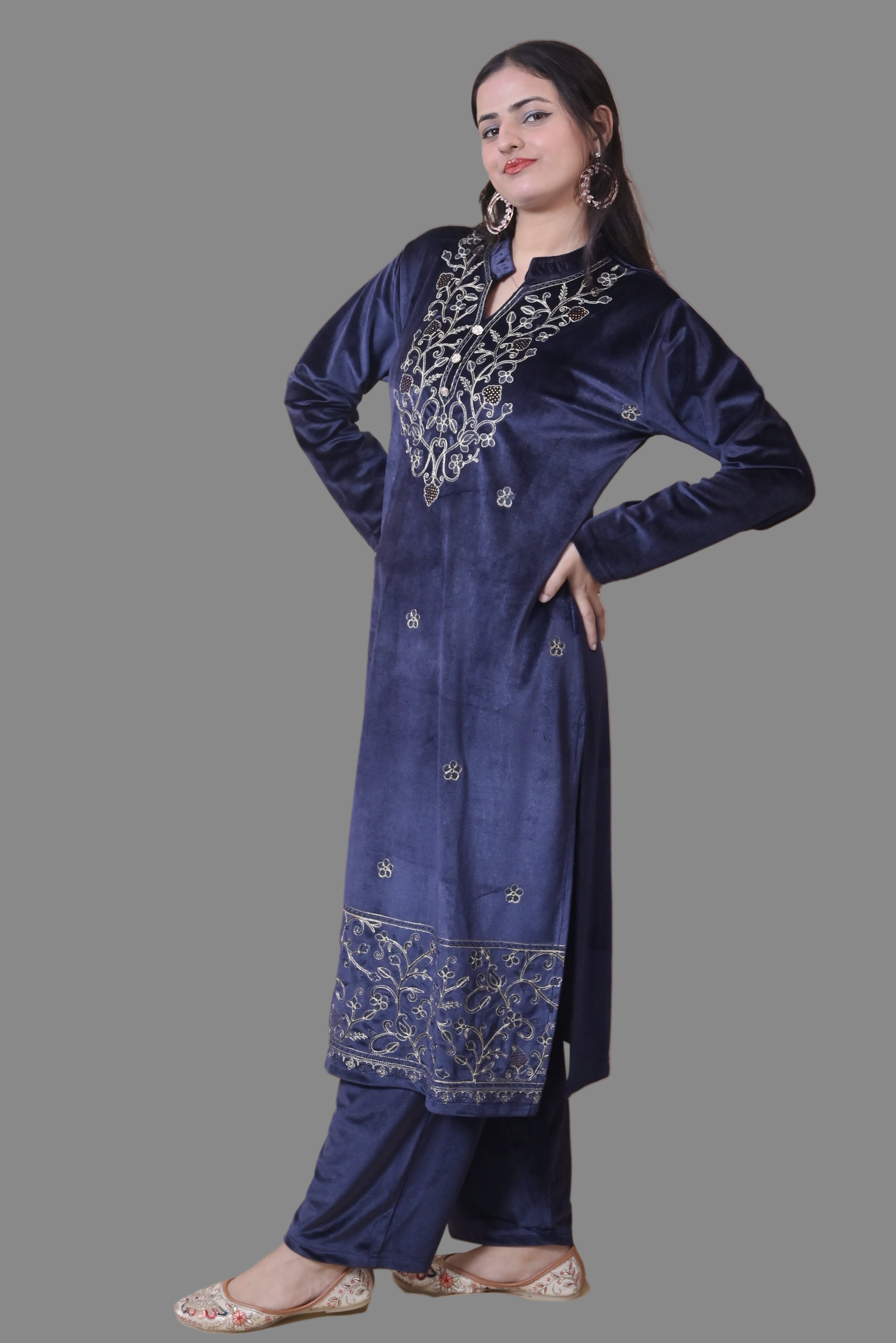 Navy Blue Velvet Shawl Kurta Set – Elegant Hush